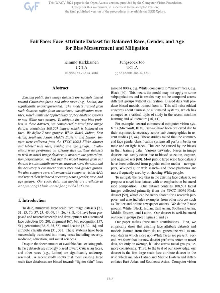 Karkkainen FairFace Face Attribute Dataset For Balanced Race Gender and ...