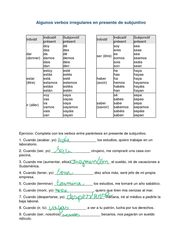 39-Verbos Irregulares Presente de Subjuntivo - Ejercicios | PDF