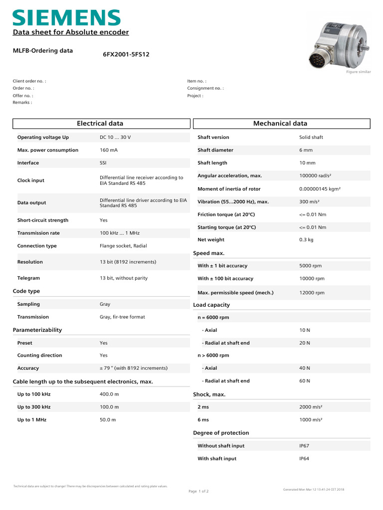 Absolute Encoder Data Sheet 6FX2001-5FS12 | PDF | Manufactured Goods | Electronics