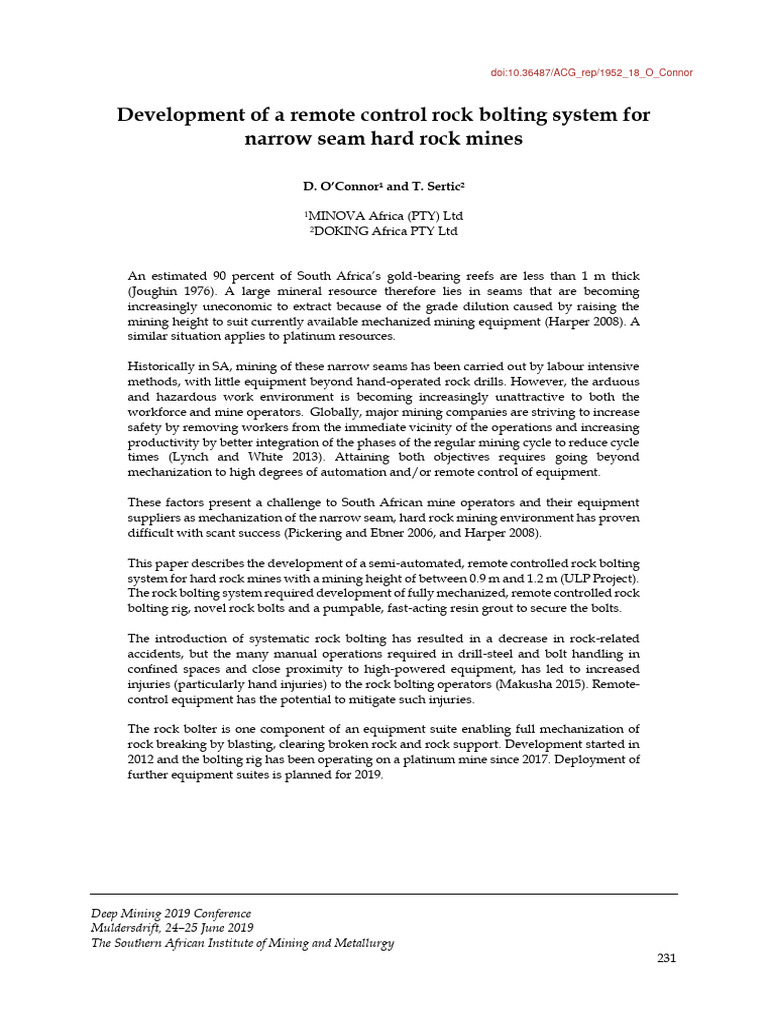 Development of A Remote Control Rock Bolting System For n18 - O'Connor | Download Free PDF ...