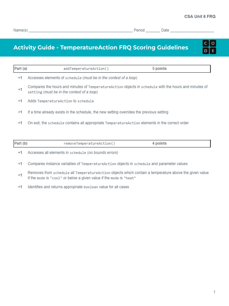 CSA Unit 6 TemperatureAction FRQ Scoring Guidelines | PDF