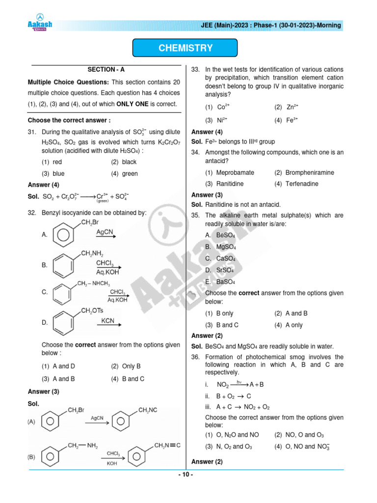 Answer and Solutions - JEE - Main 2023 QP Jan 30 Morning Shift Chemistry | PDF | Atoms ...