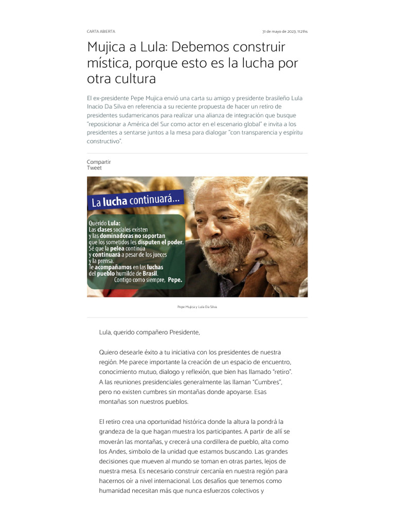 Mujica A Lula Debemos Construir Mística, Porque Esto Es La Lucha Por Otra Cultura - Noticias ...