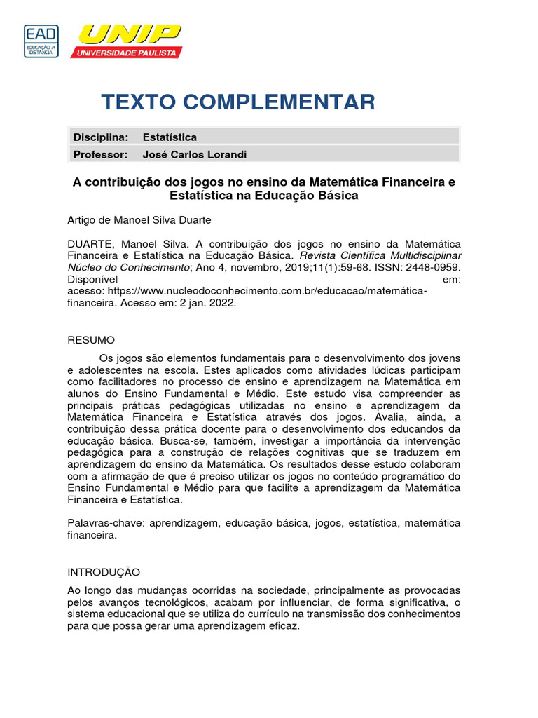 Texto Complementar Estatistica | PDF | Aprendizado | Pedagogia