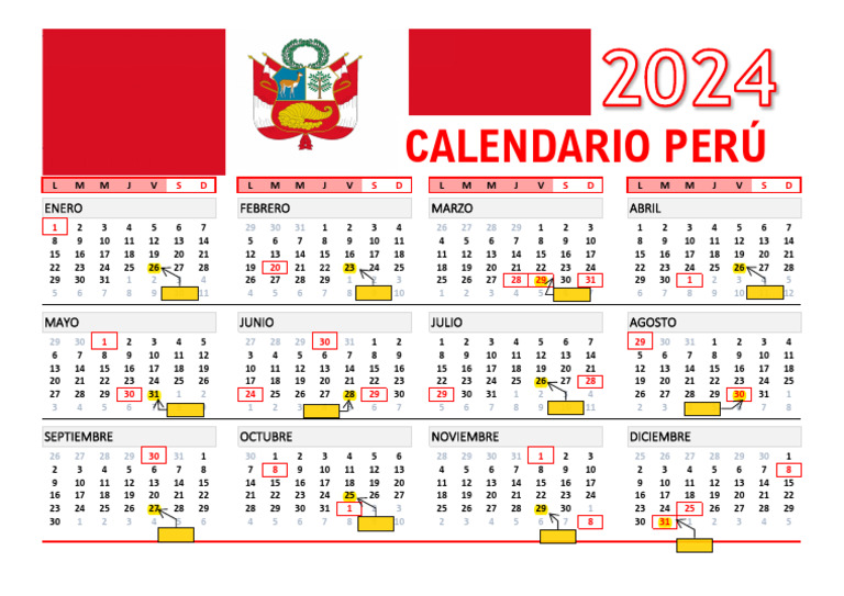 Calendario Perú 2024 Anual | PDF | Calendario