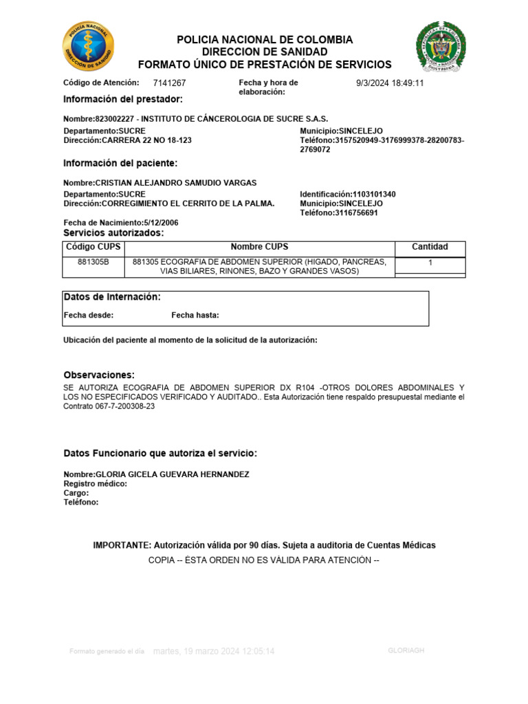 Policia Nacional de Colombia Direccion de Sanidad Formato Único de ...