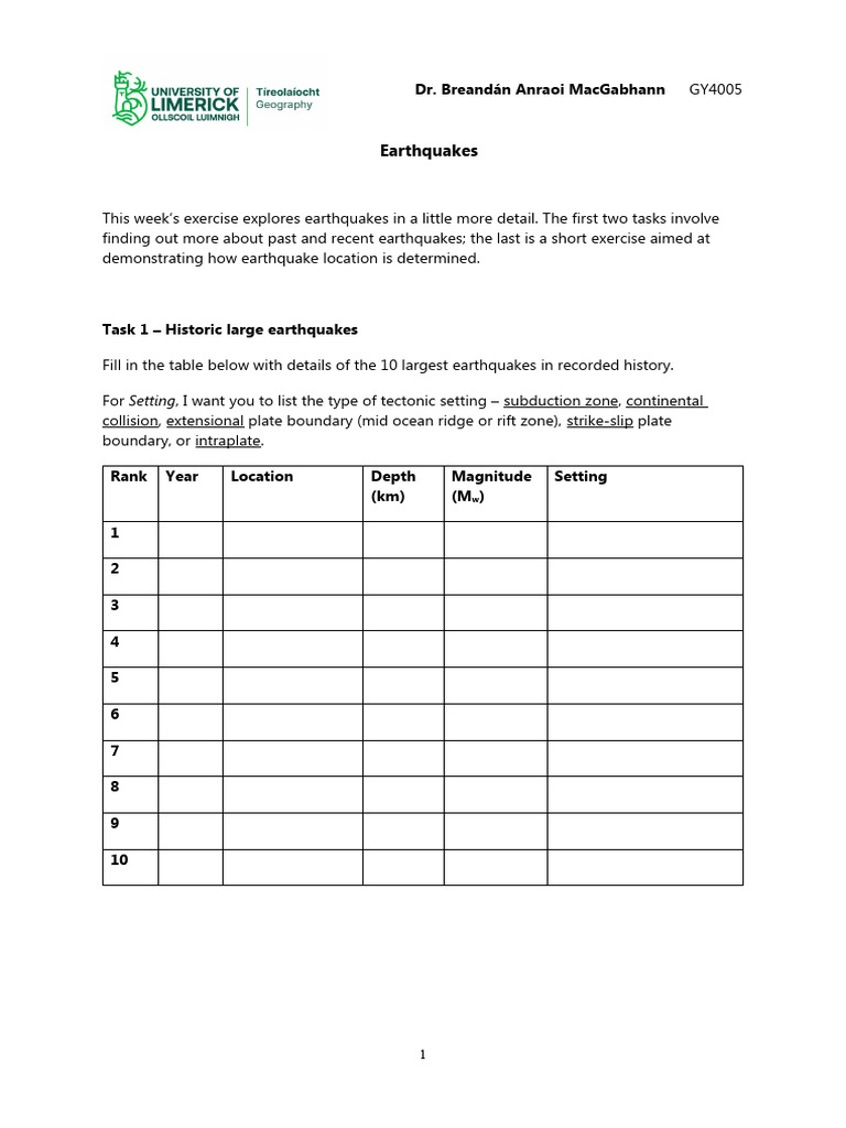GY4005 Earthquakes Exercise | PDF | Plate Tectonics | Earthquakes