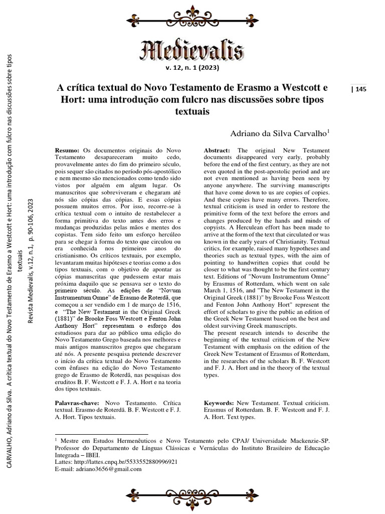 A Crítica Textual Do Novo Testamento de Erasmo A Westcott e Hort: Uma ...