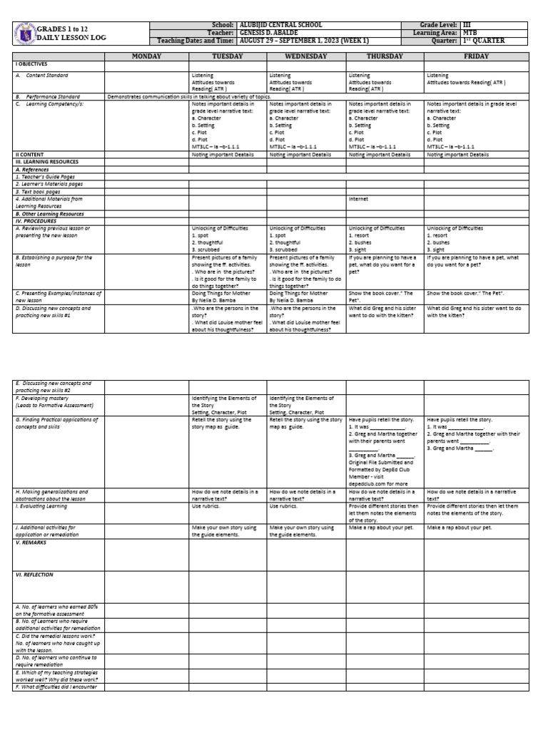 DLL - MTB 3 - Q1 - W1 | PDF | Learning | Pedagogy