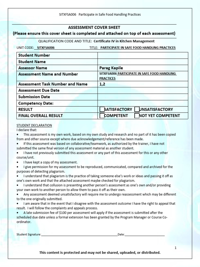 SITXFSA006 Safe Food Handling Assessment | PDF | Educational Assessment ...