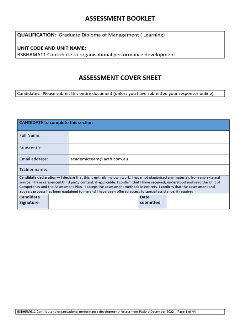 2a - Assessment Booklet - BSBBBHRM611 | PDF | Return On Investment ...