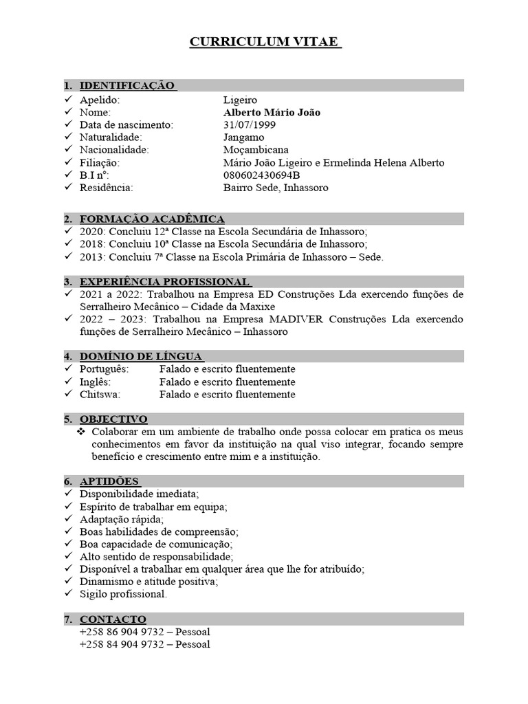 CURRICULUM VITAE - Alberto Mário | PDF