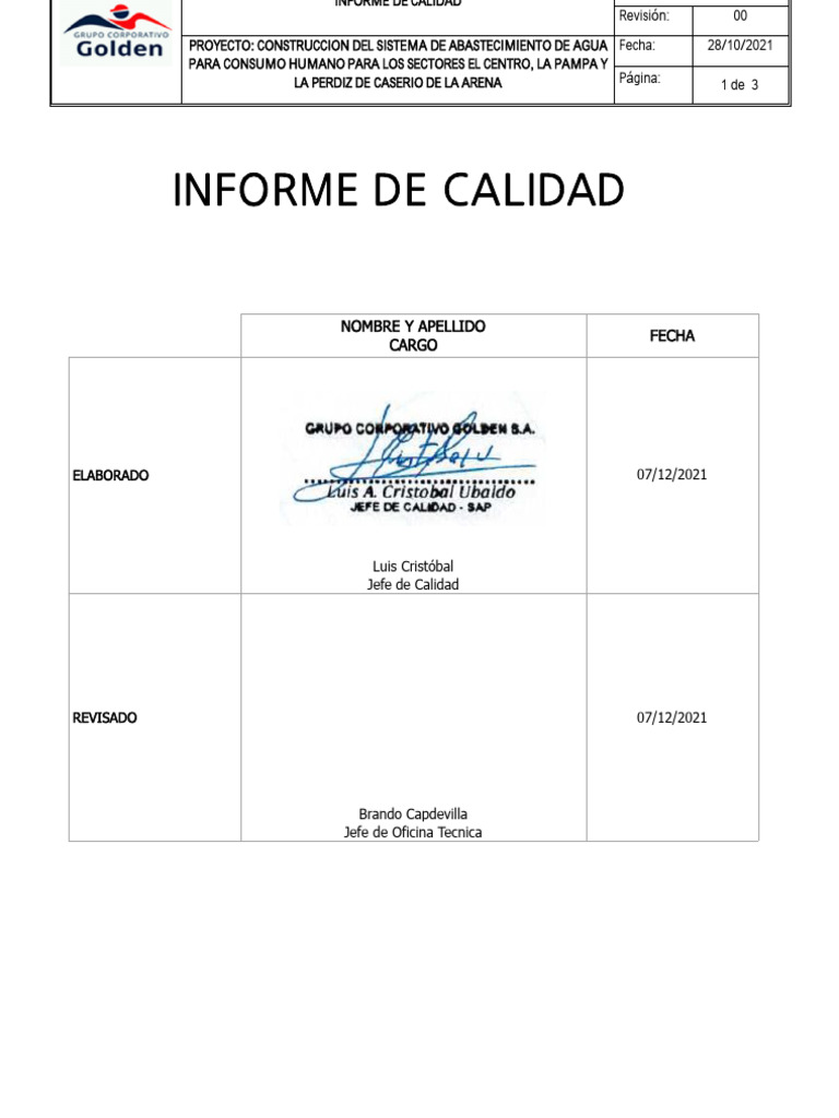 Informe de Calidad - Golden | PDF