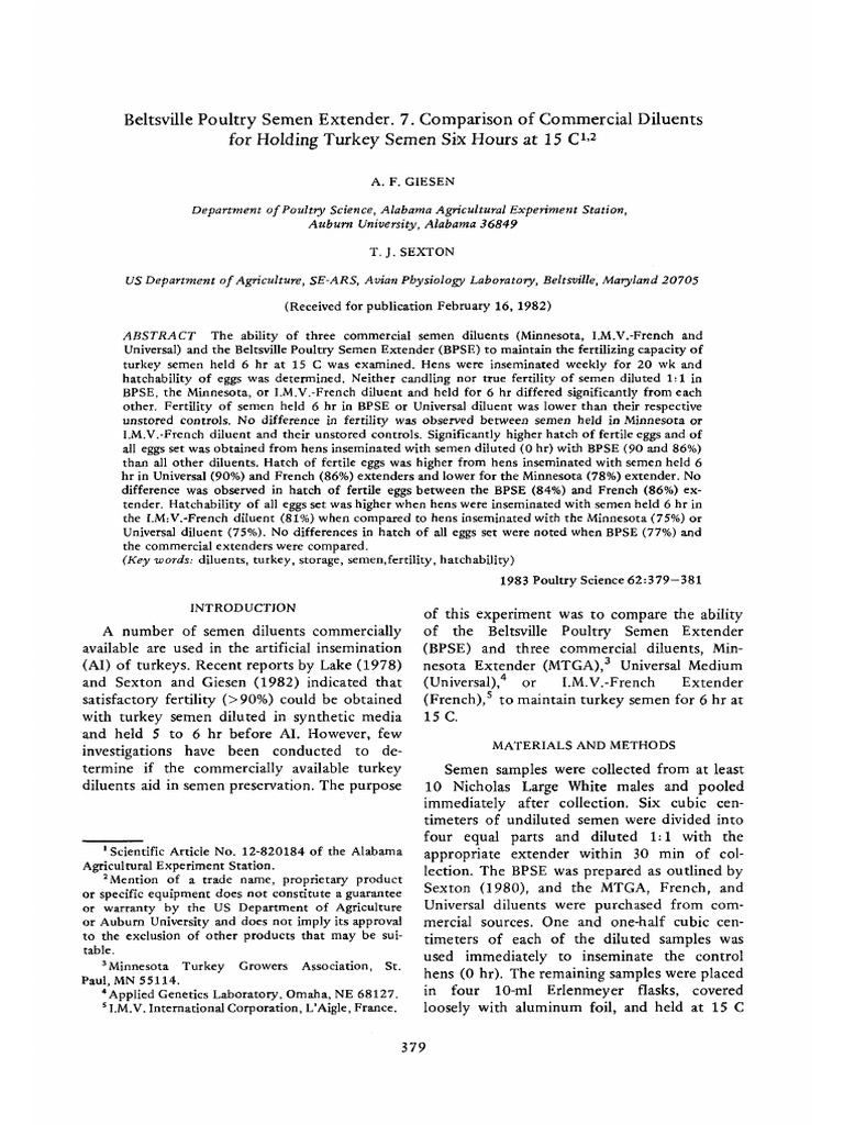 Beltsville Poultry Semen Extender 7 Comparison of | PDF | Analysis Of ...