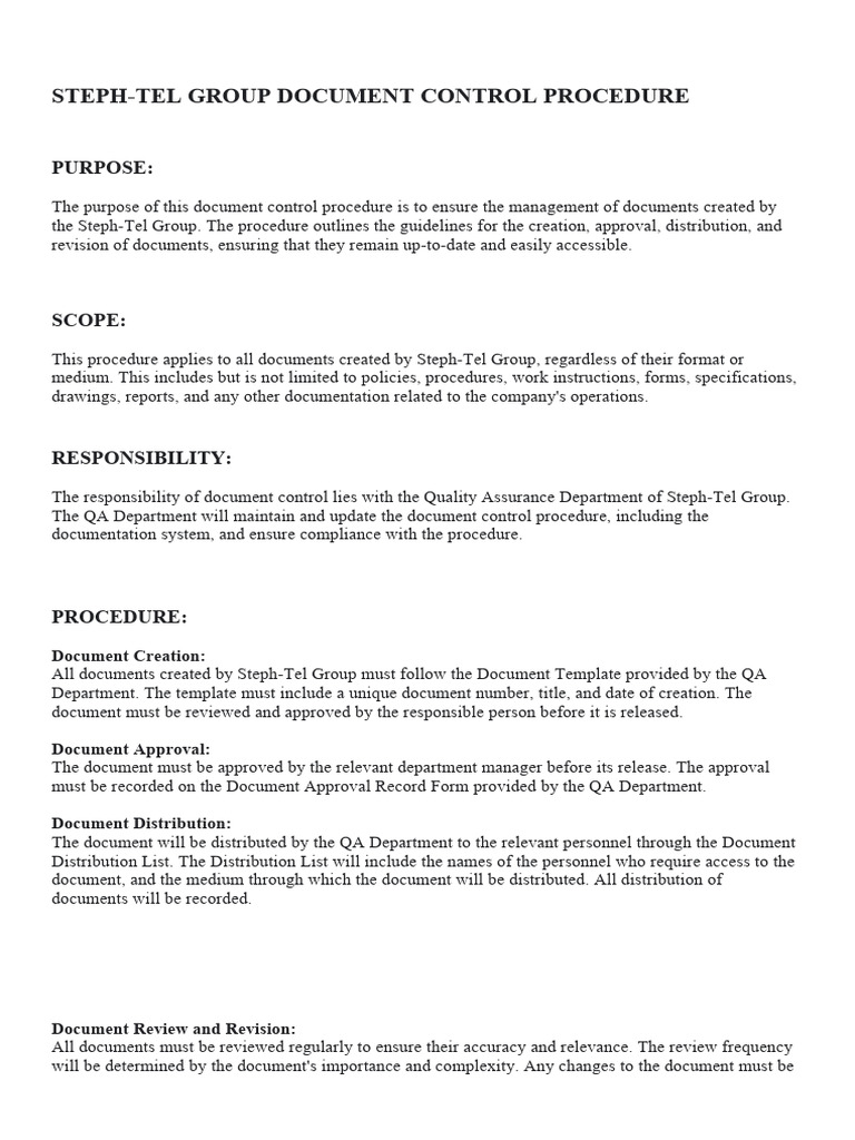 Steph-Tel Group Document Control Procedure | PDF | Regulatory ...