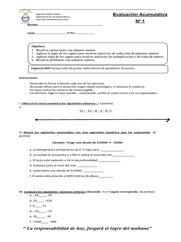 Evaluación Números Enteros | PDF | Entero | Aritmética
