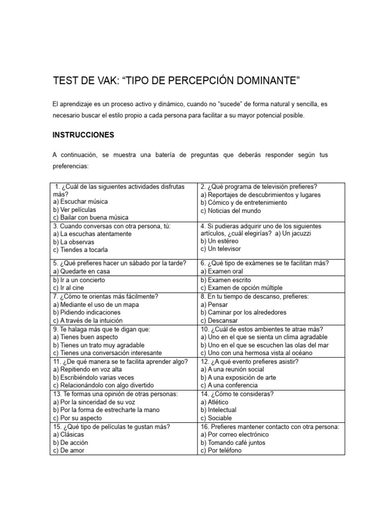 Test de Vak: "Tipo de Percepción Dominante": Instrucciones | PDF