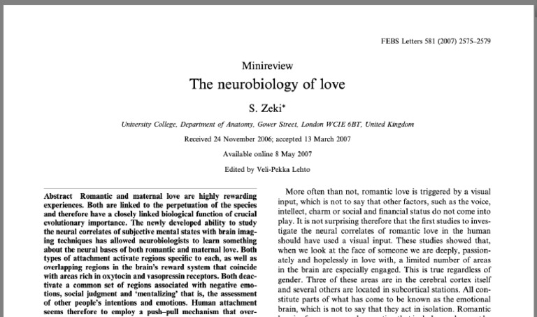 The neurobiology of love - Zeki - 2007 - FEBS Letters - Wiley Online ...