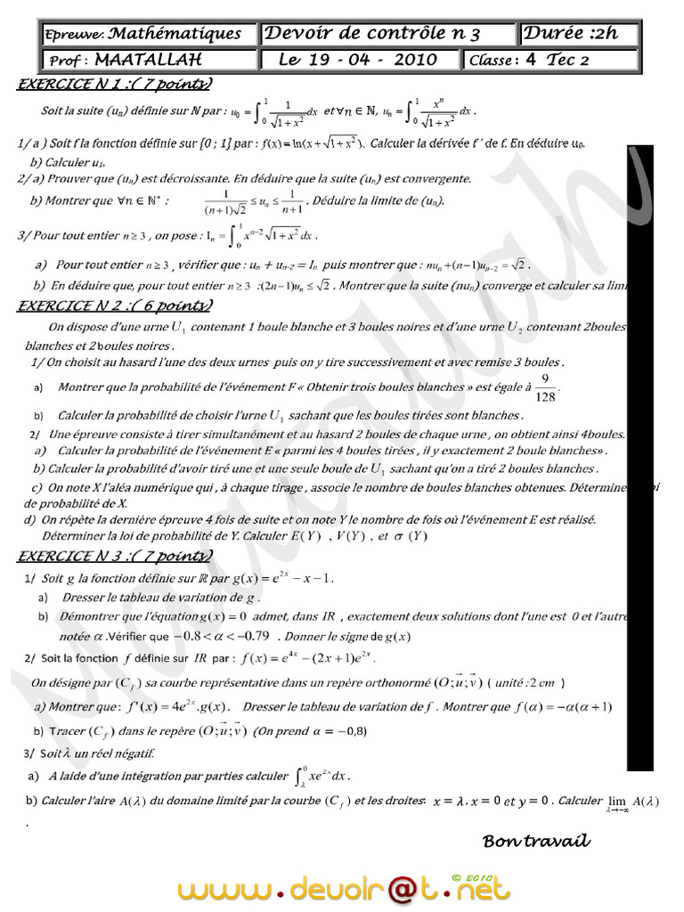 Contrôle de Maths 4 Tec 2 - 2010 | PDF | Probabilité | Fonction ...
