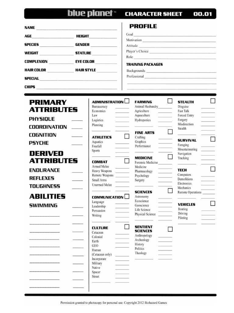 Blue Planet Revised - Character Sheet | PDF