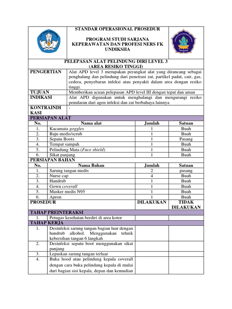 SOP PELEPASAN APD LEVEL 3 Keperawatan Undiksha | PDF | Kesehatan ...