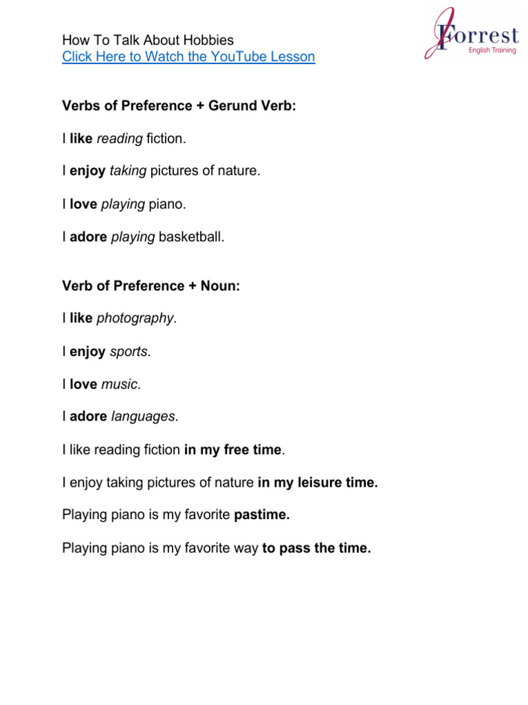 English Hobbies Vocabulary Guide | PDF | English Language | Verb