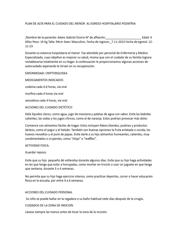 PLAN DE ALTA FQ | PDF | Enfermedades y trastornos | Medicina