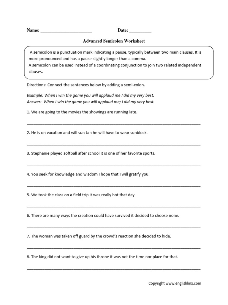 Advanced Semicolon Worksheet | PDF | Typographical Symbols | Grammar