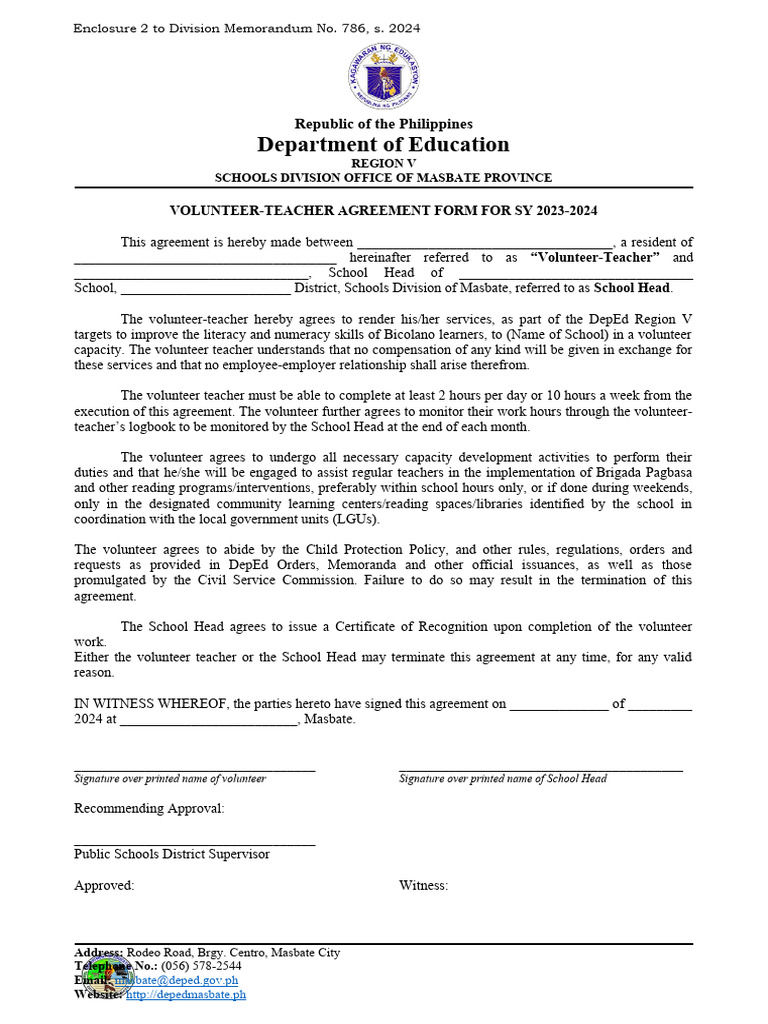 Volunteer Teacher Agreement Form - Registration Form | PDF | Teachers ...