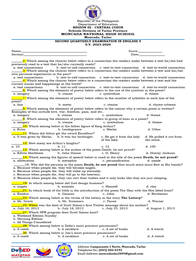 2nd Quarter Exam English 9 | PDF | Poetry