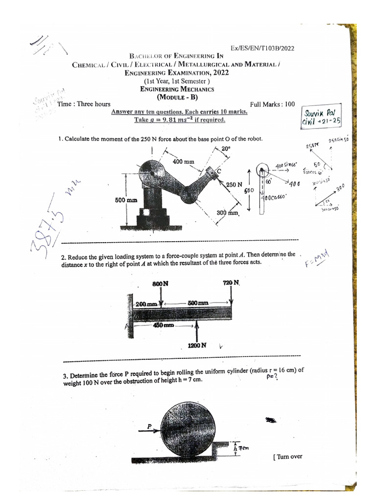 Open Engineering Mechanics (1st Sem) PYQs & Answer | PDF