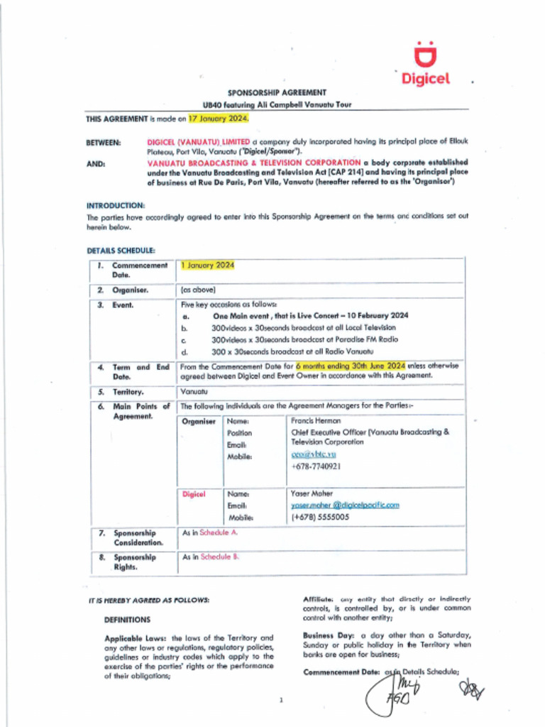 Digicel Vanuatu UB40 Agreement Contract 2024 - Signed | PDF