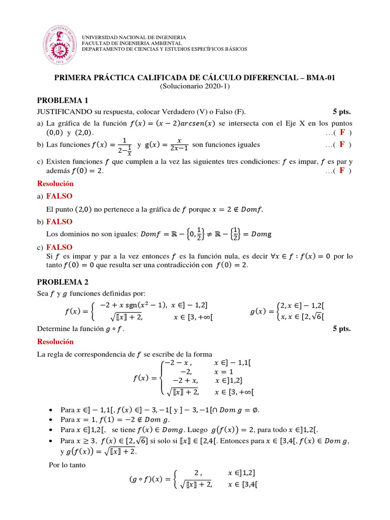 Primera Práctica Calificada de Cálculo Diferencial - Bma-01: Resolución Falso | Descargar gratis ...