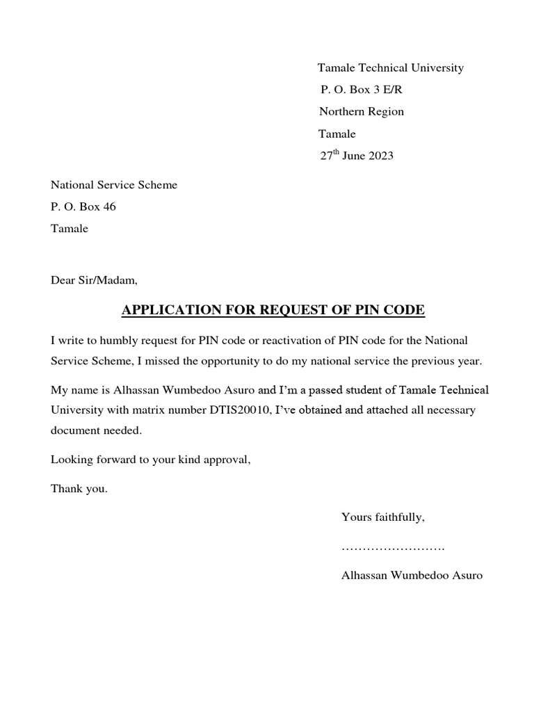 NSS Pin Application Letter | PDF