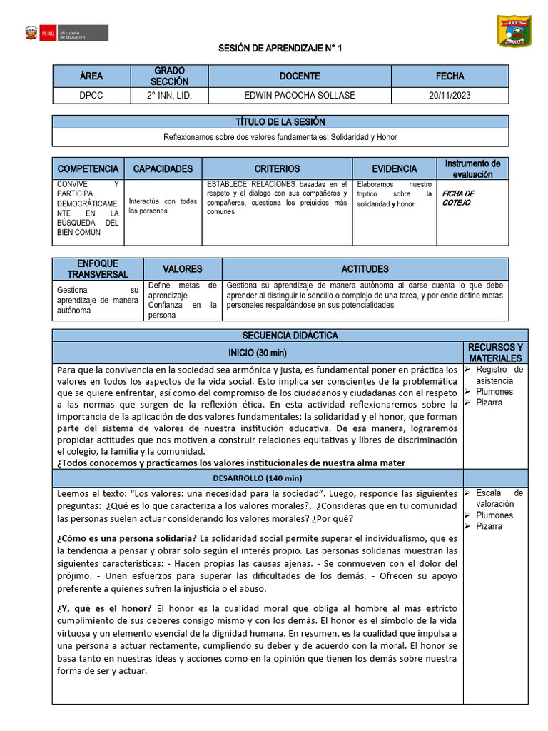 sesion #1 dpcc 1° | PDF | Aprendizaje | Evaluación