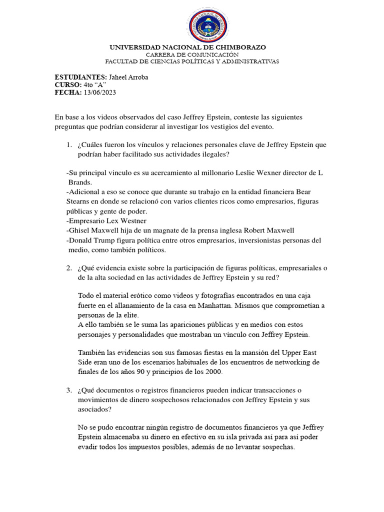 Vínculos y pruebas en el caso Epstein | PDF