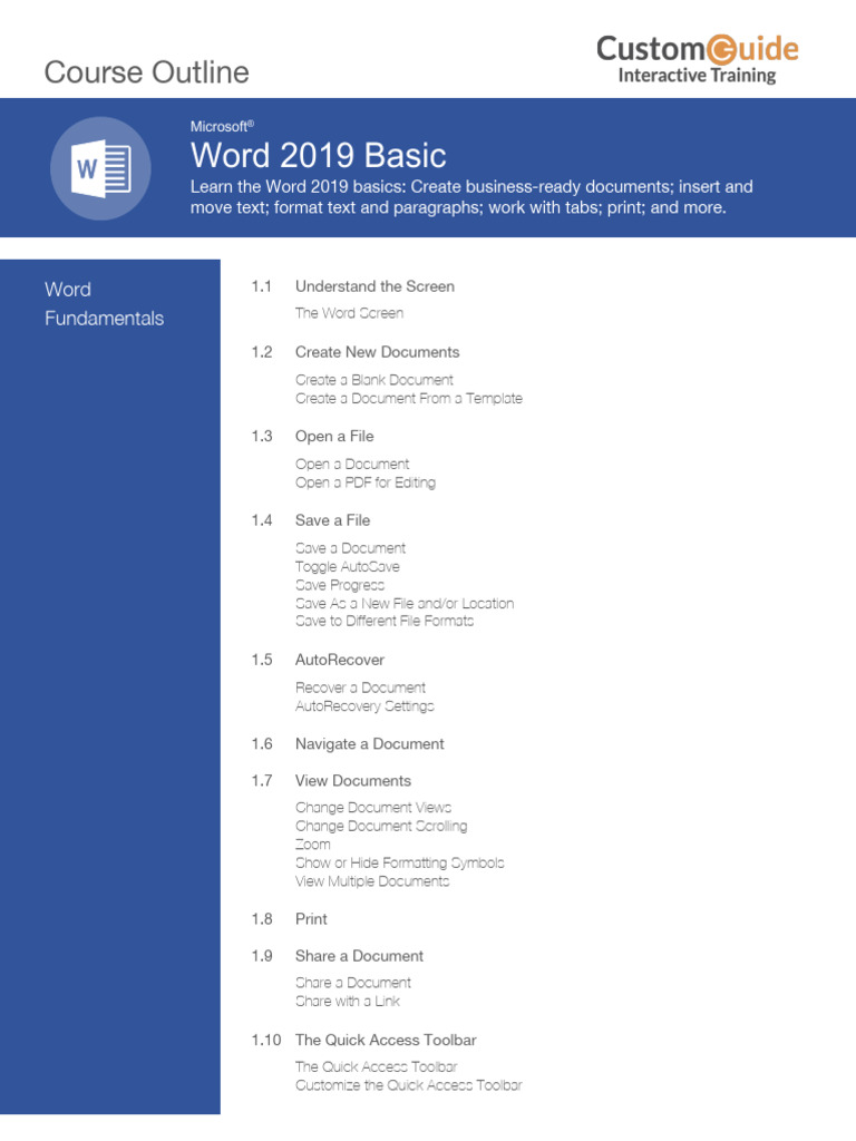 Word 2019 Basic Course Outline | PDF | Paragraph | Computing
