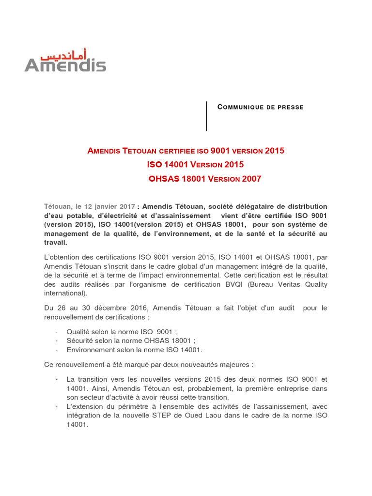 Amendis Tétouan : Certifications ISO 2015 | PDF | Management de la qualité