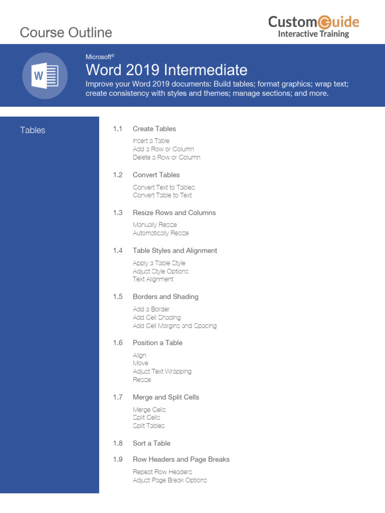 Word 2019 Intermediate Course Outline | PDF | Note (Typography) | Written Communication