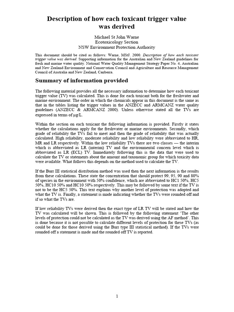 Toxicant Trigger Values Calculation Guide | PDF | Reliability ...