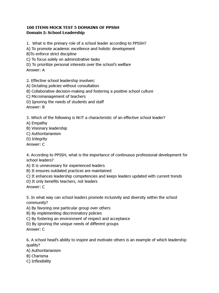 5 Domains of PPSSH Tests | PDF | Leadership | Teachers