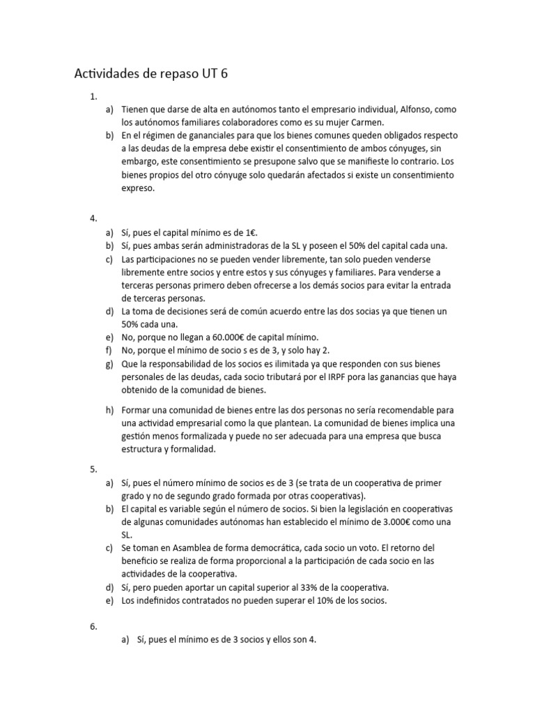 Actividades de Repaso UT 6 | PDF | Cooperativa | Economias