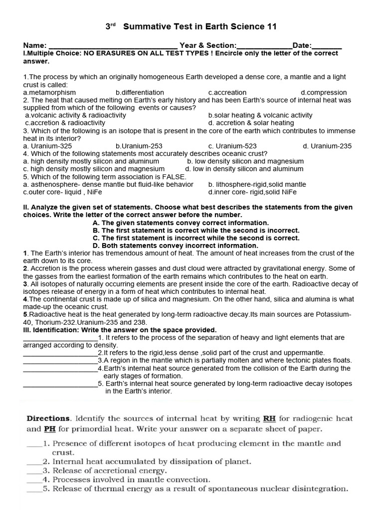 3rd Summative Test in Earth Science 11 quarter 2 | PDF | Earth ...