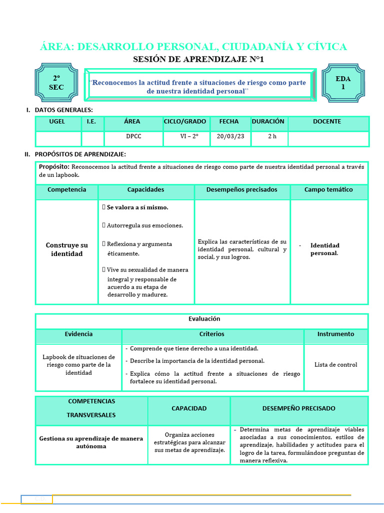 2° Sesión de Aprendizaje Sesión1-Sem.1-Exp.1 - DPCC | PDF | Aprendizaje | Evaluación