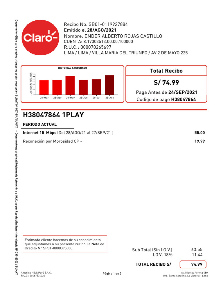 Recibo de Pago Internet Claro S/ 74.99 | PDF