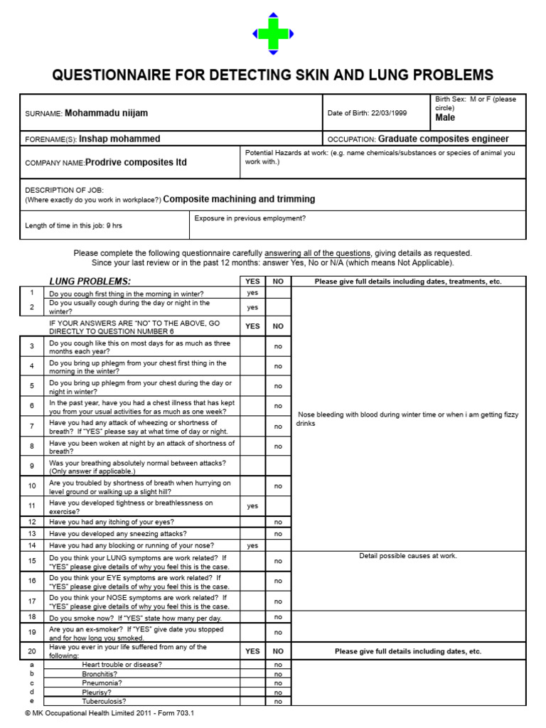 7153.1 Skin and Lung Questionnaire | PDF | Allergy | Dermatitis