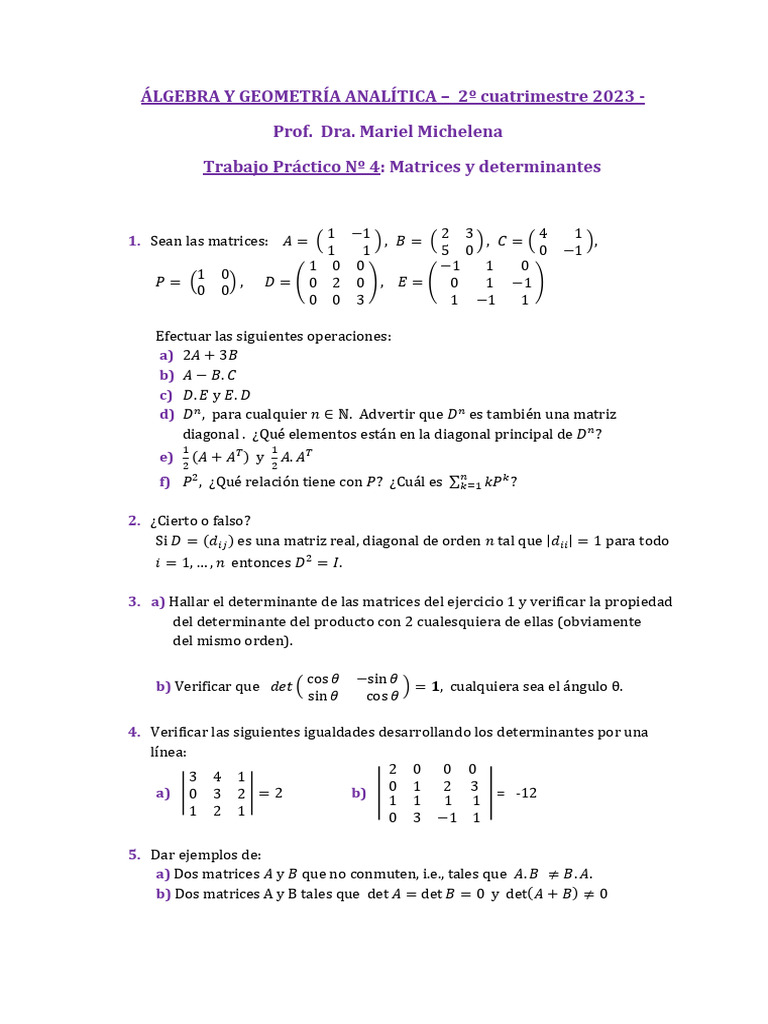 TP4 2023 | PDF | Matriz (Matemáticas) | Determinante