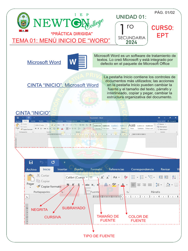 Práctica Dirigida 01 Menú Inicio de Word 1 Sec | PDF | Microsoft Word ...