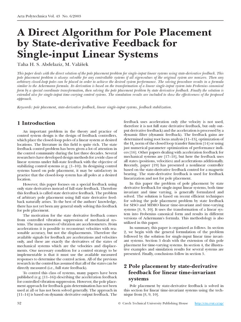 Pole Placement via State-Derivative Feedback | PDF | Control Theory ...