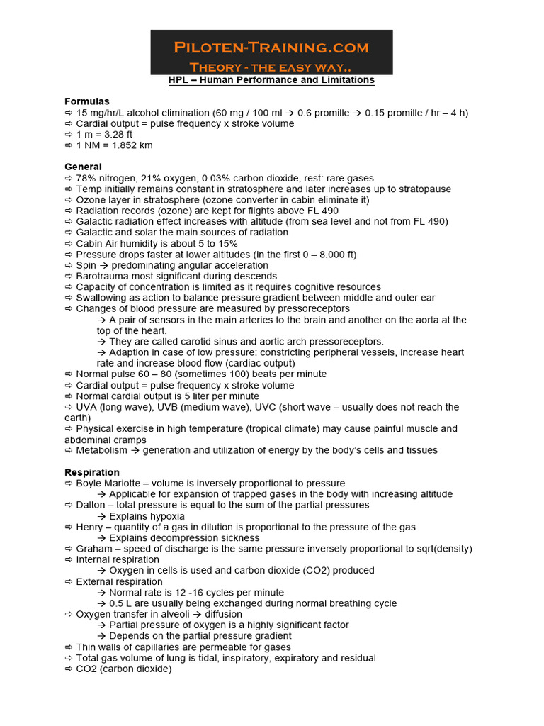 ATPL Trainer Summary HPL | PDF | Stress (Biology) | Heart